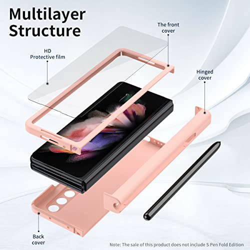 EAXER for Samsung Galaxy Z Fold 3 PC Case with Ultra-Thin Pen Slot, Hard PC Back Anti-Slip with Built-in Screen Protector Durable Slim Full Body Protective Case for Z Fold 3 5G Pink