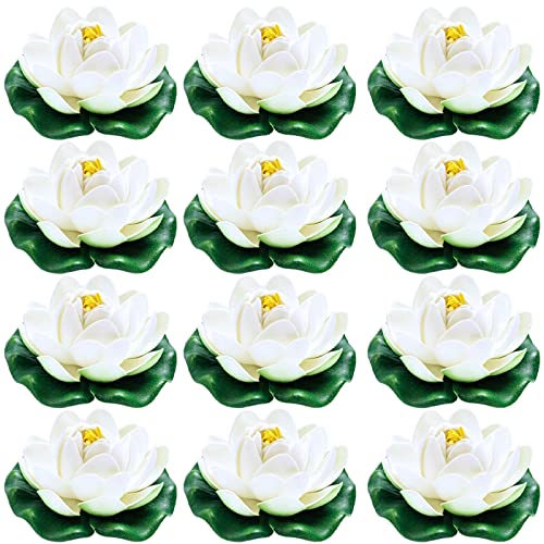 WhistenFla Artificial Floating Lotus Flower 12 Pcs, 4 Inch Small Fake Lily Pads for Pond Artificial Floating Foam Lotus Flowers for Wedding Floating Pool Pond Decoration