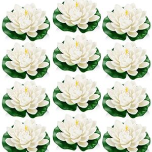 Artificial Floating Lotus Flowers, with Water Lily Pad Decoration, 12Pcs Ivory White Plastic Foam Lotus for Pond Pool Floating Decoration Home Garden Wedding Party Holiday Decor