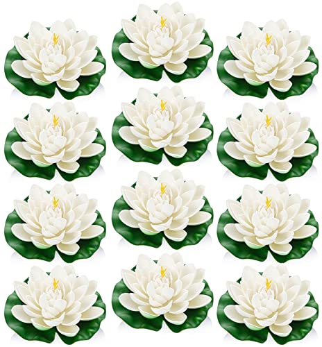 Artificial Floating Lotus Flowers, with Water Lily Pad Decoration, 12Pcs Ivory White Plastic Foam Lotus for Pond Pool Floating Decoration Home Garden Wedding Party Holiday Decor