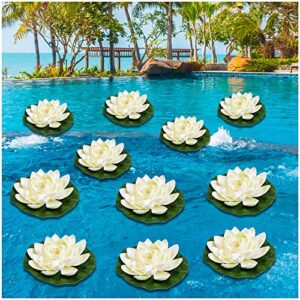 Artificial Floating Lotus Flowers, with Water Lily Pad Decoration, 12Pcs Ivory White Plastic Foam Lotus for Pond Pool Floating Decoration Home Garden Wedding Party Holiday Decor