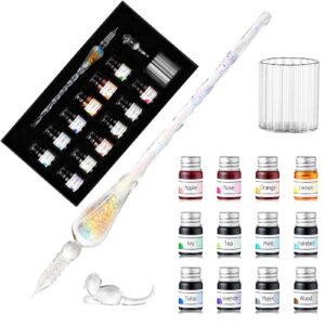 essshop handmade glass dip pen set, calligraphy fountain pen kit- 12 colors ink, glass washing cup, pen holder, crystal rainbow glass ink pen for art, writing,drawing, signatures, mother's day gifts