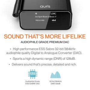 Auris Blume Pro HiFi Bluetooth 5.0 Music Receiver Long Range Bluetooth Adapter with Audiophile DAC, LDAC, aptX HD, OLED Display & Optical Coaxial AUX Output for Home Stereo, AV Receiver or Amplifier