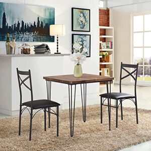 VECELO Modern Industrial Style 3-Piece Dining Room Kitchen Table and Pu Cushion Chair Sets for Small Space, 2, Retro Brown