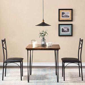 VECELO Modern Industrial Style 3-Piece Dining Room Kitchen Table and Pu Cushion Chair Sets for Small Space, 2, Retro Brown