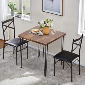 VECELO Modern Industrial Style 3-Piece Dining Room Kitchen Table and Pu Cushion Chair Sets for Small Space, 2, Retro Brown