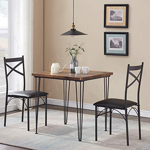 VECELO Modern Industrial Style 3-Piece Dining Room Kitchen Table and Pu Cushion Chair Sets for Small Space, 2, Retro Brown