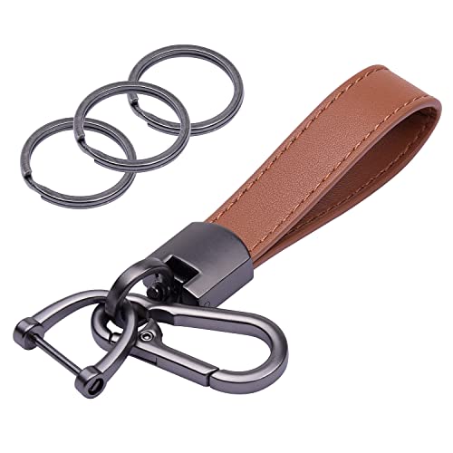 Wisdompro Genuine Leather Car Keychain, Universal Key Fob Keychain Leather Key Chain Holder for Men and Women, 360 Degree Rotatable, with Anti-lost D-ring, 3 Keyrings - Brown (Carabiner Clip)