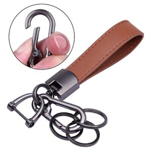 Wisdompro Genuine Leather Car Keychain, Universal Key Fob Keychain Leather Key Chain Holder for Men and Women, 360 Degree Rotatable, with Anti-lost D-ring, 3 Keyrings - Brown (Carabiner Clip)