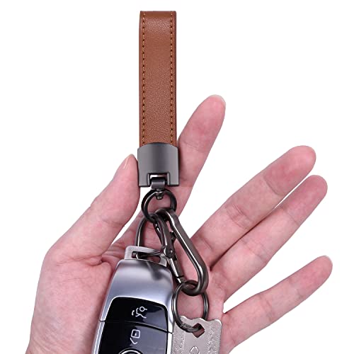 Wisdompro Genuine Leather Car Keychain, Universal Key Fob Keychain Leather Key Chain Holder for Men and Women, 360 Degree Rotatable, with Anti-lost D-ring, 3 Keyrings - Brown (Carabiner Clip)