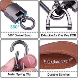 Wisdompro Genuine Leather Car Keychain, Universal Key Fob Keychain Leather Key Chain Holder for Men and Women, 360 Degree Rotatable, with Anti-lost D-ring, 3 Keyrings - Brown (Carabiner Clip)