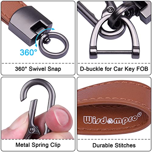 Wisdompro Genuine Leather Car Keychain, Universal Key Fob Keychain Leather Key Chain Holder for Men and Women, 360 Degree Rotatable, with Anti-lost D-ring, 3 Keyrings - Brown (Carabiner Clip)