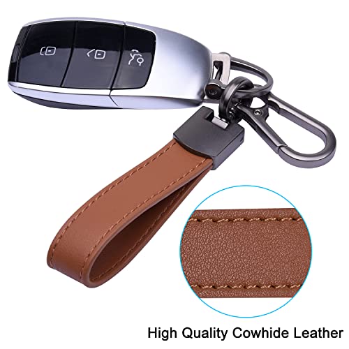 Wisdompro Genuine Leather Car Keychain, Universal Key Fob Keychain Leather Key Chain Holder for Men and Women, 360 Degree Rotatable, with Anti-lost D-ring, 3 Keyrings - Brown (Carabiner Clip)