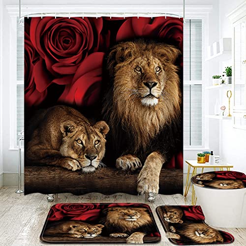 jieprom 4PCS Red Rose and Lion Shower Curtain Set with Non-Slip Rugs, Toilet Lid Cover and Bath Mat, Animal Shower Curtain with 12 Hooks, Durable Waterproof Bathroom Decor Set