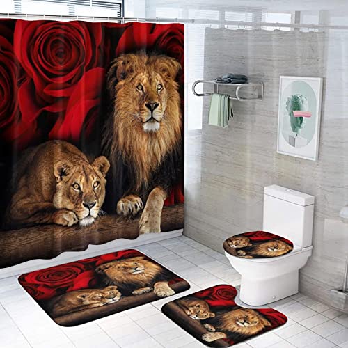 jieprom 4PCS Red Rose and Lion Shower Curtain Set with Non-Slip Rugs, Toilet Lid Cover and Bath Mat, Animal Shower Curtain with 12 Hooks, Durable Waterproof Bathroom Decor Set