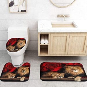 jieprom 4PCS Red Rose and Lion Shower Curtain Set with Non-Slip Rugs, Toilet Lid Cover and Bath Mat, Animal Shower Curtain with 12 Hooks, Durable Waterproof Bathroom Decor Set