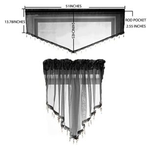 PearAge Beaded Sheer Triangle Valance Curtains for Living Room,Rod Pocket Farmhouse Window Valance, Bead Trim Tassel Voile Sheer Curtain Valance for Bedroom Bathroom Cafe 51x24 Inches (Black) 1PC