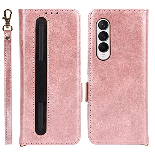 YuHii Galaxy Z Fold 3 Case with S Pen Holder,Leather Wallet Card Solt Magnetic Removable 2 Styles Shockproof PU Leather Hard PC Frame with Pen Holder