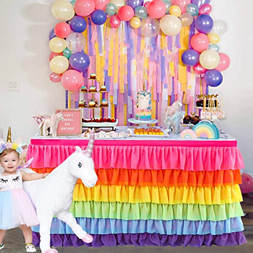 Rainbow Table Skirt Table Cloth for Rectangle or Round Table, 6 Layers Tulle Table Skirt for Kids Girls Birthday Wedding Baby Shower Unicorn Party Fiesta Home Decor (6ftx30in)