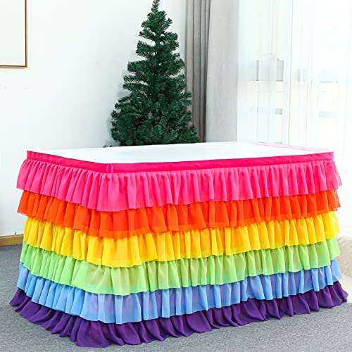 Rainbow Table Skirt Table Cloth for Rectangle or Round Table, 6 Layers Tulle Table Skirt for Kids Girls Birthday Wedding Baby Shower Unicorn Party Fiesta Home Decor (6ftx30in)