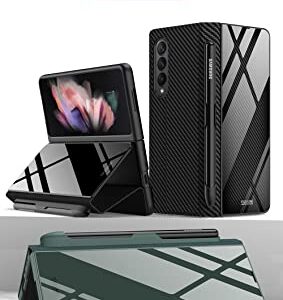 SHIEID Samsung Z Fold 3 Case Leather Cover, Galaxy Fold 3 Case with S Pen Holder Protector Cover 9H Tempered Glass Phone Case Compatible with Samsung Galaxy Z Fold 3 5G 2021, Limited Gray