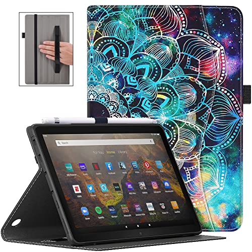 VORI Case for All-New Amazon Fire HD 10 Tablet (11th Generation 2021 Release) and Fire HD 10 Plus, Folding Stand TPU Cover with Auto Wake/Sleep & Hand Strap for Fire 10.1 Inch 2021, Mandala Galaxy