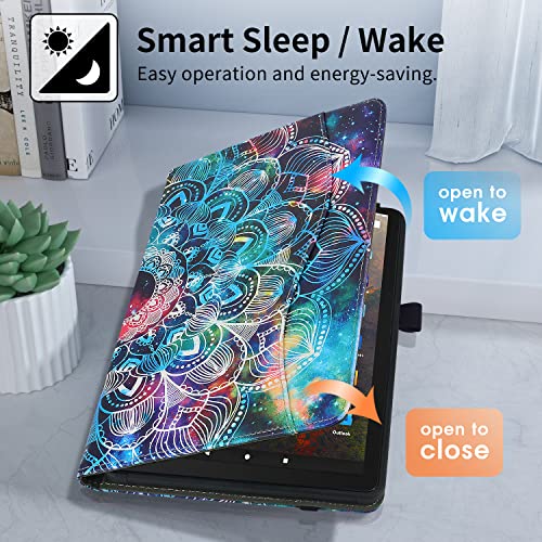 VORI Case for All-New Amazon Fire HD 10 Tablet (11th Generation 2021 Release) and Fire HD 10 Plus, Folding Stand TPU Cover with Auto Wake/Sleep & Hand Strap for Fire 10.1 Inch 2021, Mandala Galaxy