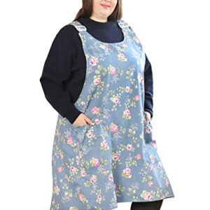 APRONNER Big Plus Size Aprons for Women with Pockets Cotton Linen Baking Kitchen Cooking Rose Flower