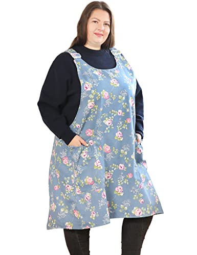 APRONNER Big Plus Size Aprons for Women with Pockets Cotton Linen Baking Kitchen Cooking Rose Flower