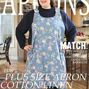 APRONNER Big Plus Size Aprons for Women with Pockets Cotton Linen Baking Kitchen Cooking Rose Flower