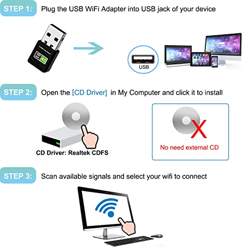 USB WiFi Adapter, 600Mbps Mini Wireless WiFi Network Adapters for Desktop Computer/Notebook PC, Dual Band 5G+2.4G WiFi Dongle Laptop External Network Card for Windows 11/10/8/XP etc, No Need CD Drive