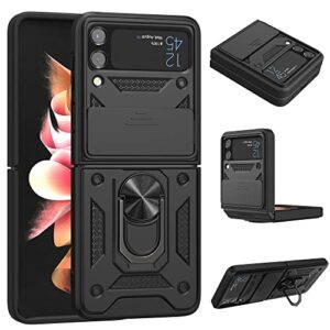 zcdaye armor case for samsung galaxy z flip 3 case with kickstand & camera cover, heavy duty case military grade protective phone cover for samsung z flip 3 5g (2021)-black