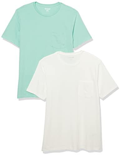 Amazon Essentials Men's Slim-Fit Short-Sleeve Crewneck Pocket T-Shirt, Pack of 2, White/Aqua Blue, Large