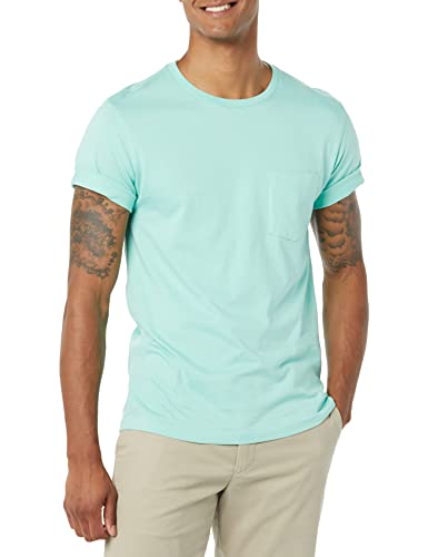 Amazon Essentials Men's Slim-Fit Short-Sleeve Crewneck Pocket T-Shirt, Pack of 2, White/Aqua Blue, Large