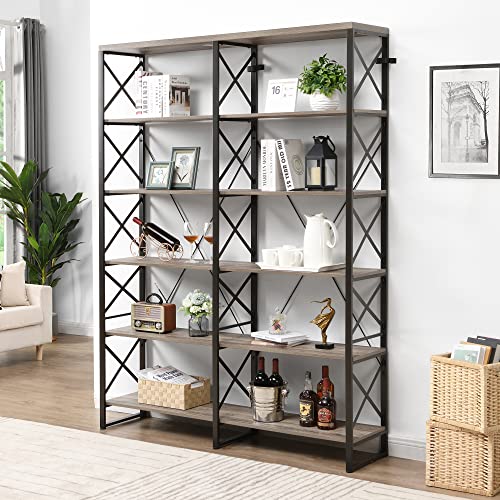 O&K FURNITURE Double Wide 6-Shelf Bookcase, 80.7” Industrial Large Open Metal Bookcases Furniture, Etagere Bookshelf for Home & Office, Grey