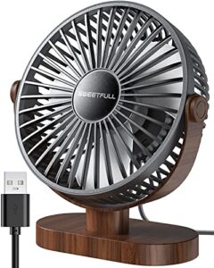 sweetfull 6.5 inch usb small desk fan, 3 speeds quiet portable desktop table fan, 360° adjustment personal mini fan for home office car outdoor travel (black wood grain)