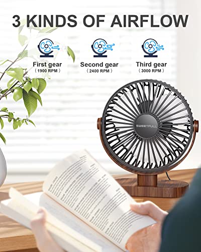 SWEETFULL 6.5 Inch USB Small Desk Fan, 3 Speeds Quiet Portable Desktop Table Fan, 360° Adjustment Personal Mini Fan for Home Office Car Outdoor Travel (Black wood grain)