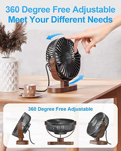 SWEETFULL 6.5 Inch USB Small Desk Fan, 3 Speeds Quiet Portable Desktop Table Fan, 360° Adjustment Personal Mini Fan for Home Office Car Outdoor Travel (Black wood grain)