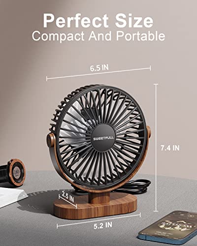 SWEETFULL 6.5 Inch USB Small Desk Fan, 3 Speeds Quiet Portable Desktop Table Fan, 360° Adjustment Personal Mini Fan for Home Office Car Outdoor Travel (Black wood grain)