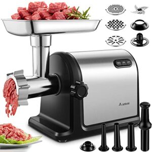 aaobosi electric meat grinder 【3000w max 】heavy duty stainless steel meat mincer with 3 grinding plates, 3 sausage stuffer tubes & kubbe attachments,easy one-button control