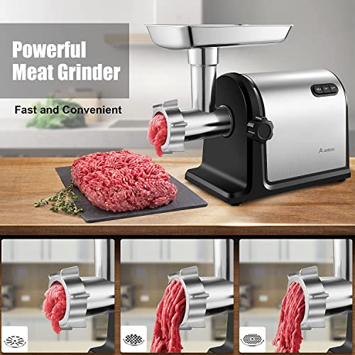 AAOBOSI Electric Meat Grinder 【3000W Max 】Heavy Duty Stainless Steel Meat Mincer with 3 Grinding Plates, 3 Sausage Stuffer Tubes & Kubbe Attachments,Easy One-Button Control