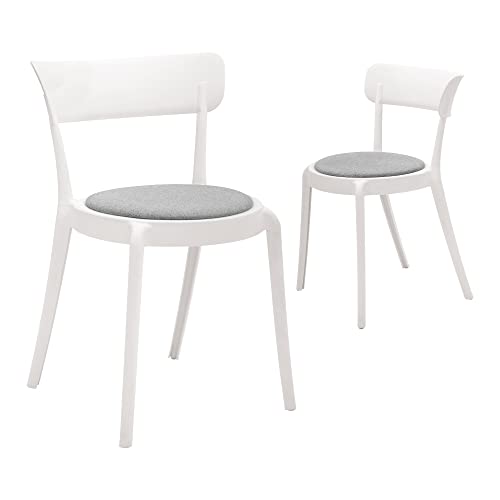 CangLong Armless Bistro Dining Chair-Set of 2, Premium Plastic with Upholstered Seat, White + Grey