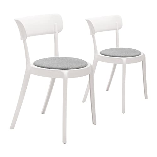 CangLong Armless Bistro Dining Chair-Set of 2, Premium Plastic with Upholstered Seat, White + Grey