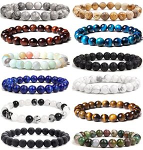 finzor 12 pcs 8mm gemstones beaded bracelets for men women semi-precious stone healing stretch round bead crystal bracelets unisex