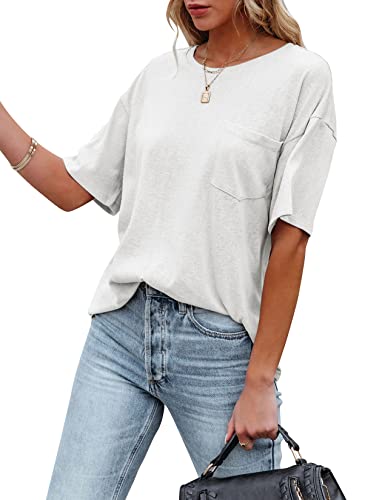 Fanway&EC Women's Short Sleeve T-Shirts Casual Crewneck Tees with Pocket Summer Basic Tops (White,Medium,US,Alpha,Adult,Female,Medium,Regular,Regular)