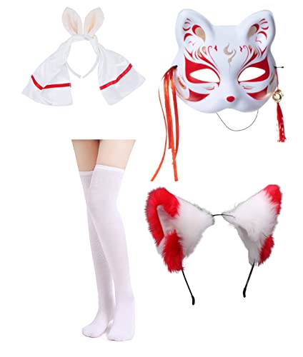 Japanese Anime red White Kimono Fox Rabbit Cosplay Costume Furry Fox Ear Mask with Socks 2XL