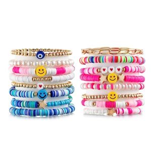 lietoi 16pcs preppy heishi bracelets set colorful smile heart star evil eye beaded polymer clay pearl stackable charm y2k kidcore summer beach bohemian layering bracelets jewelry for women girls teens