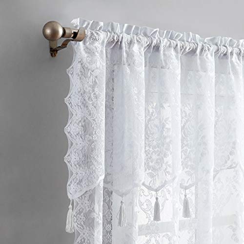 Warm Home Designs Pair of 2 White Color Extra Short Length 54” (W) x 108” (L) Semi Sheer Lace Curtain Panels & Attached Valances with 6 Tassels. Classic Elegant English Rose Pattern. L White 108”