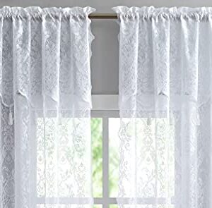 Warm Home Designs Pair of 2 White Color Extra Short Length 54” (W) x 108” (L) Semi Sheer Lace Curtain Panels & Attached Valances with 6 Tassels. Classic Elegant English Rose Pattern. L White 108”