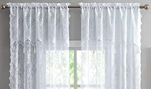 Warm Home Designs Pair of 2 White Color Extra Short Length 54” (W) x 108” (L) Semi Sheer Lace Curtain Panels & Attached Valances with 6 Tassels. Classic Elegant English Rose Pattern. L White 108”